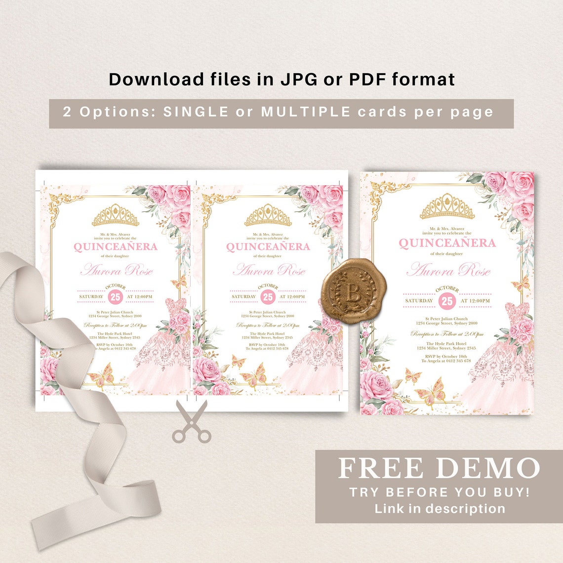 Pink Flowers Quinceañera Invitation, Pink Gold Floral Princess Mis ...