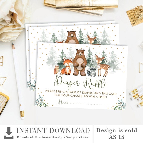 Woodland Diaper Raffle. Watercolor Greenery Forest Animals Baby Shower ...