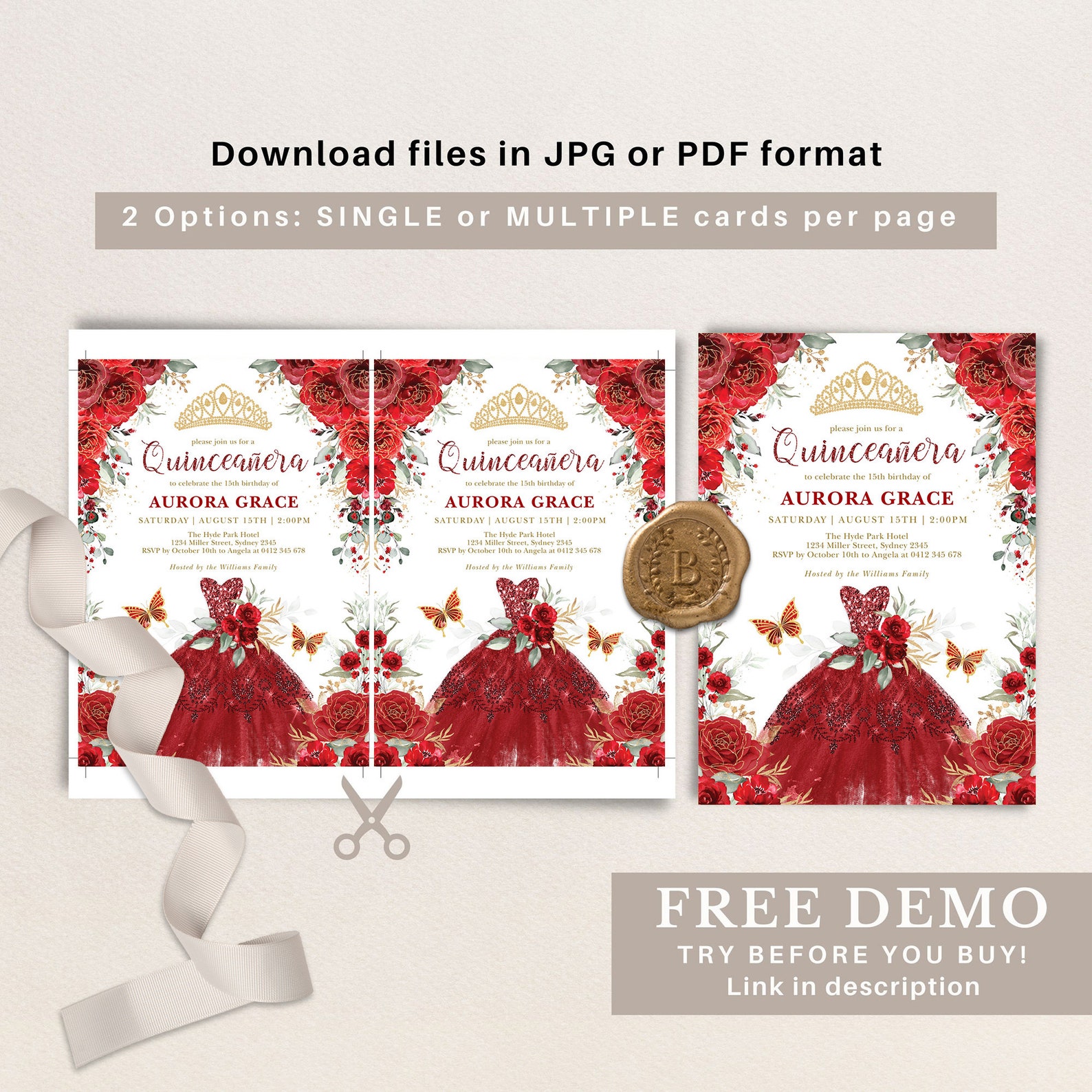 Red Quinceanera Invitation Editable Template Red Roses Mis - Etsy