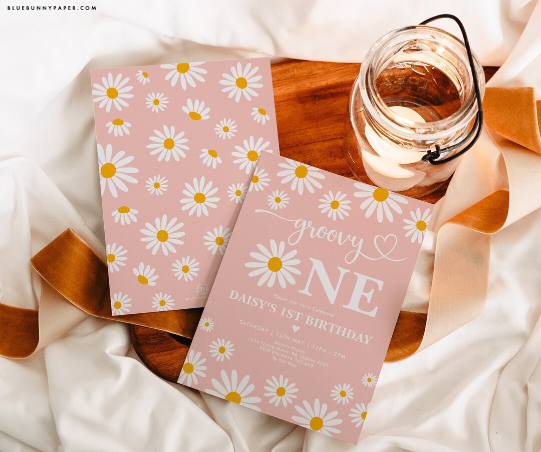 Groovy One Boho Daisy 1st Birthday Invitation Blush Pink Daisy Flowers ...