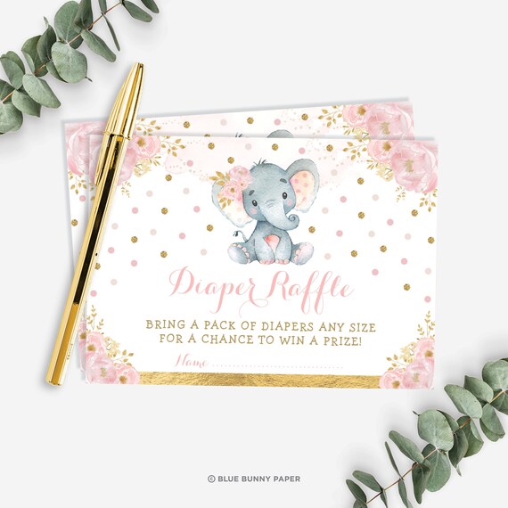 Girl Elephant Diaper Raffle Card. Blush Pink Floral Elephant Baby ...