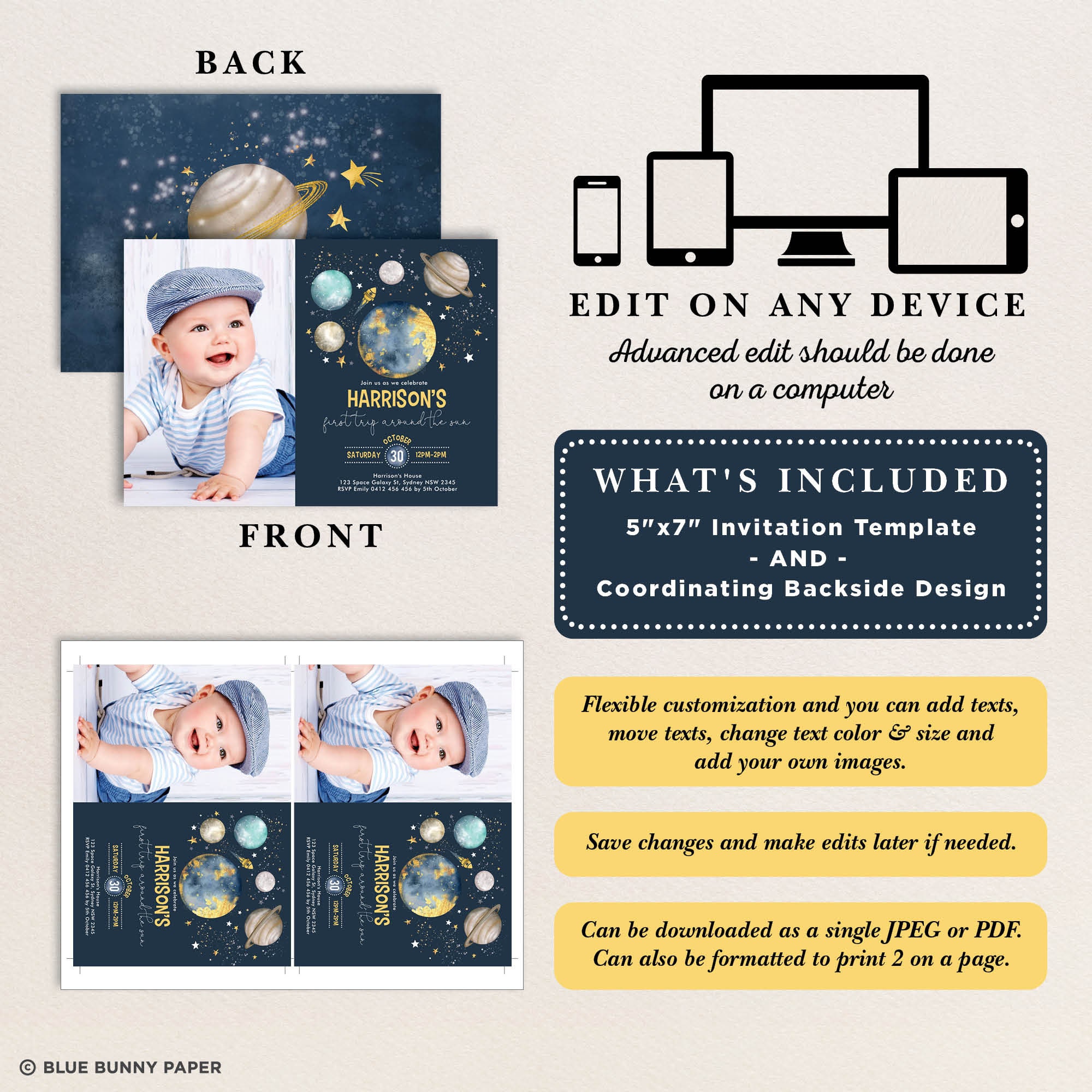 EDITABLE Outer Space Birthday Invitation Template Navy Gold - Etsy