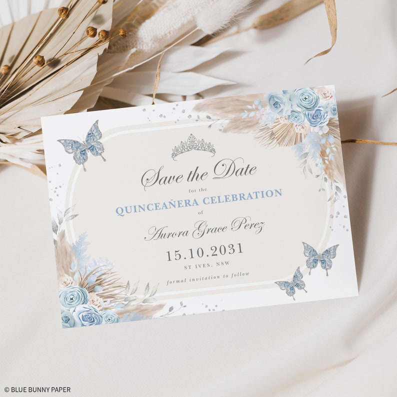 Boho Quinceañera Save the Date Template Blue Silver Floral Butterflies ...