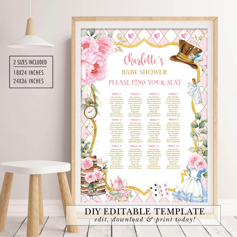 Alice in Wonderland Seating Chart Template Mad Hatter Baby Shower Tea ...