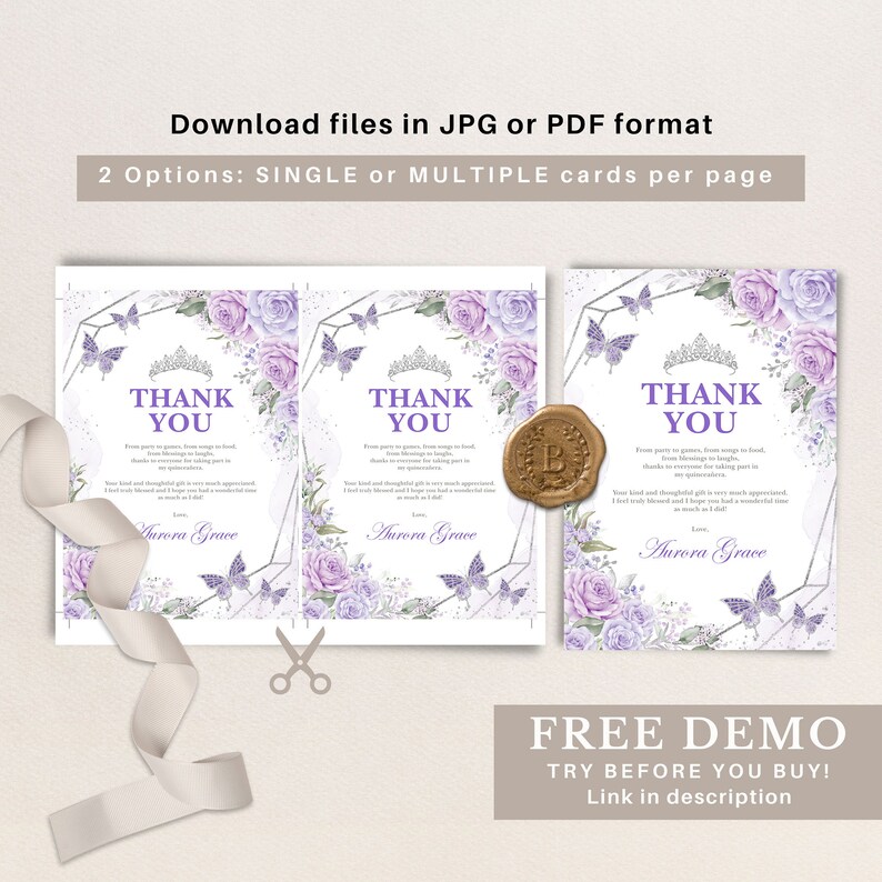 Purple Silver QUINCEAÑERA Thank You Card Editable Template Mis - Etsy