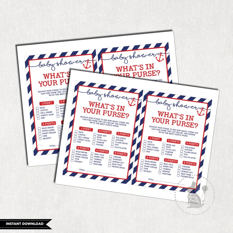 Nautical BABY SHOWER GAME What's in Your Purse Shower Game Printable ...