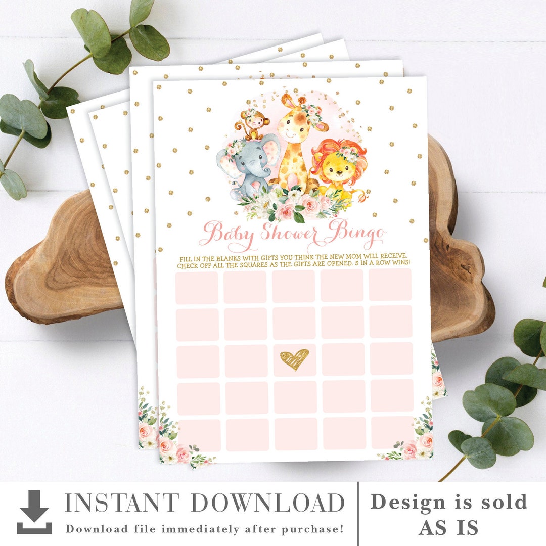 Blush Gold Jungle Baby Shower Game. Safari Bingo Printable. Feminine ...