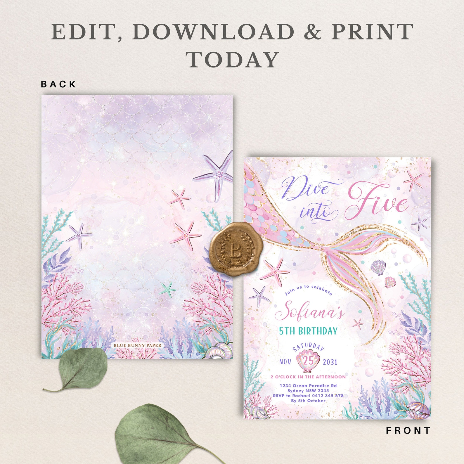 Editable Dive Into Five Mermaid 5th Birthday Invitation Pink Purple ...