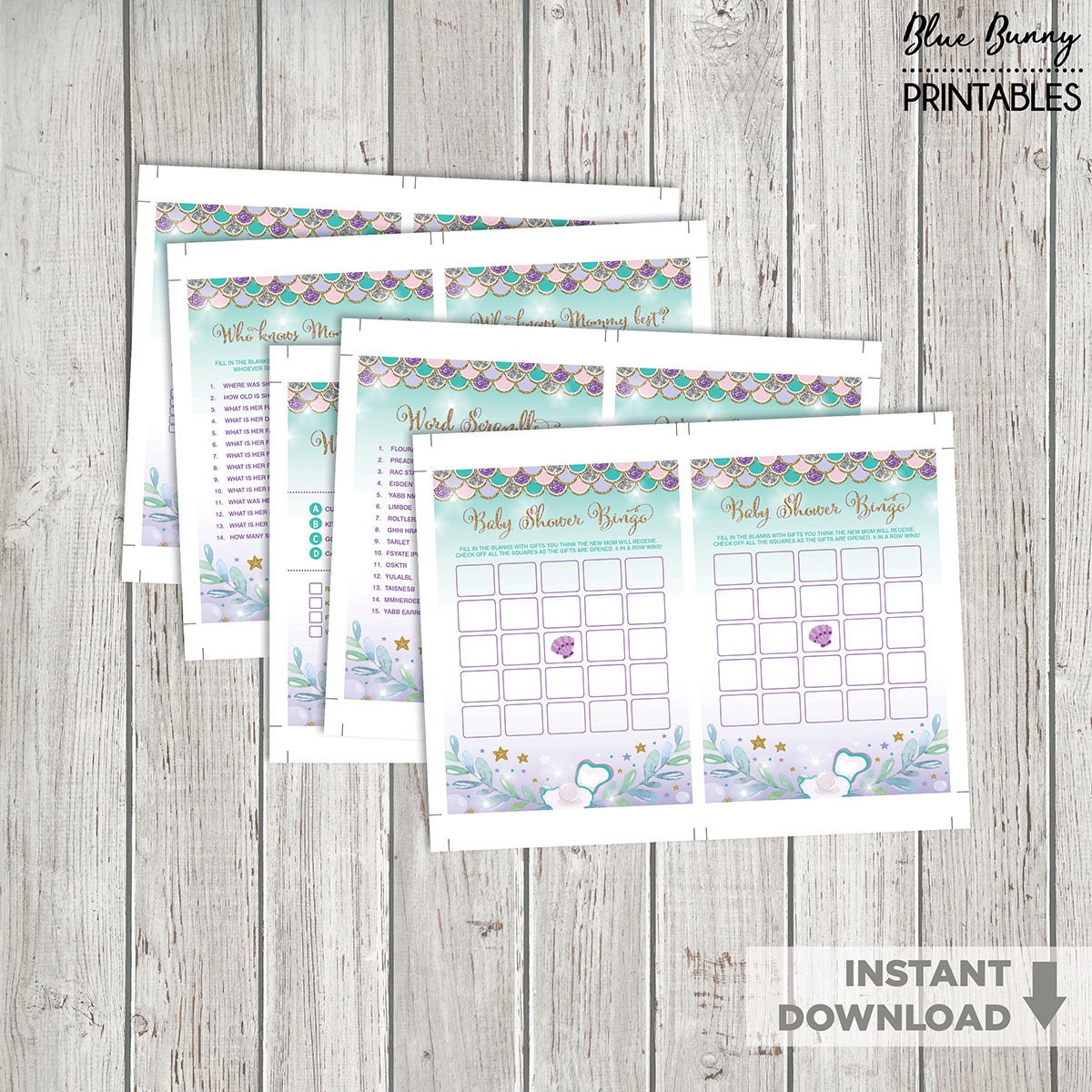 Mermaid BABY SHOWER Games Package. 8x Purple Silver Gold Mint Sea Ocean ...