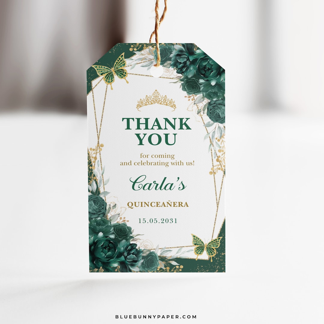 Emerald Green Quinceañera Favor Tag Mis Quince 15 Anos Thank You Favors Floral Butterfly Swet 16 ...