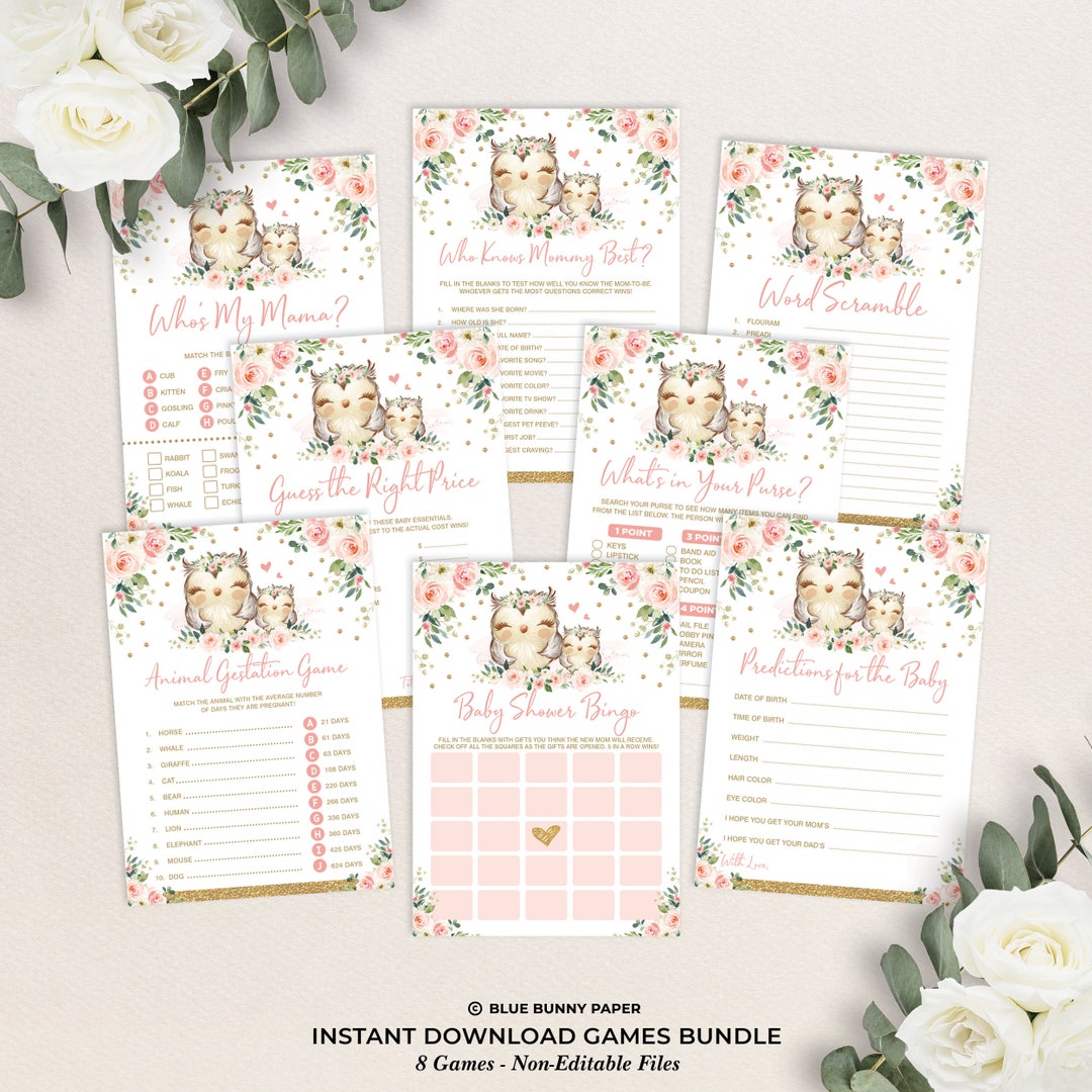 Owl Baby Shower GAMES BUNDLE, 8 Blush Floral Printable Games, Owl Baby ...