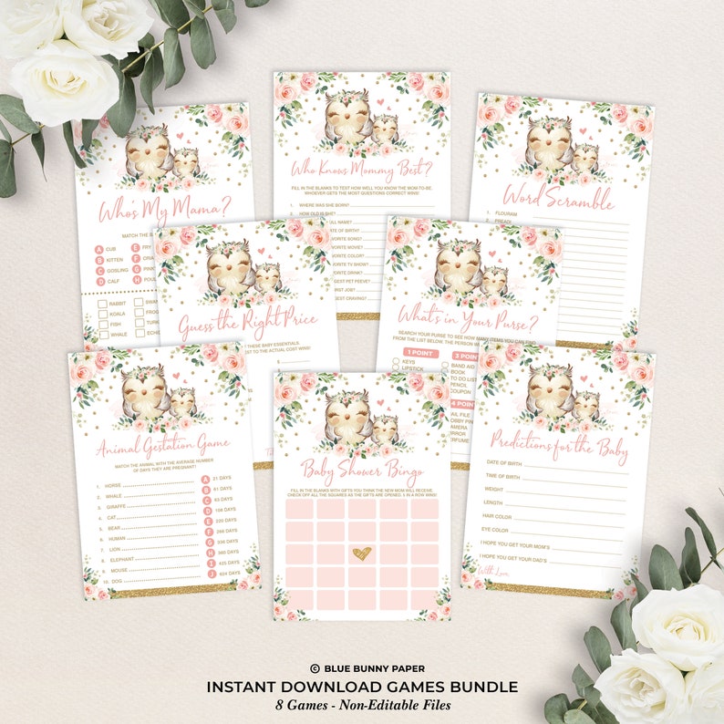 Owl Baby Shower GAMES BUNDLE, 8 Blush Floral Printable Games, Owl Baby ...