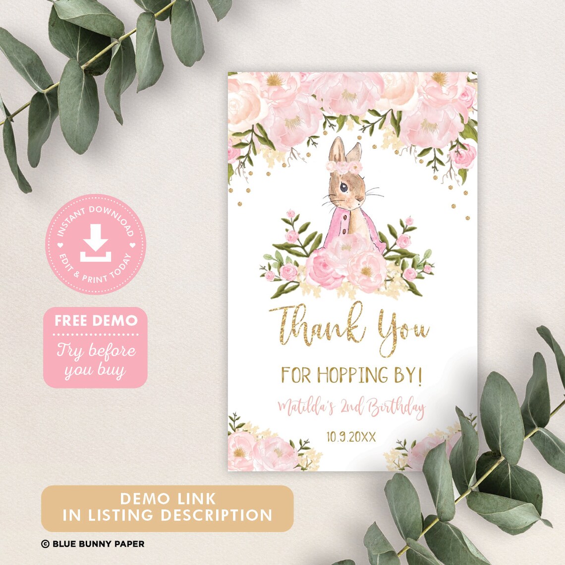 Bunny Favor Tag Template, Girl Rabbit Baby Shower Gift Tag, Blush Pink ...