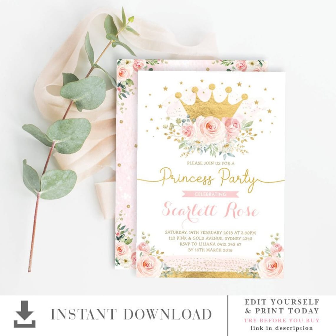 Royal Princess Crown Birthday EDITABLE INVITATION. Blush Pink Gold ...