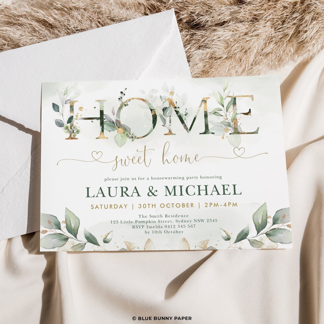 Housewarming Invitation, Greenery Gold Home Sweet Home Invite ...