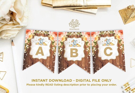 Autumn Elephant Pumpkin Printable Banner. Rustic Fall Floral. Peach ...