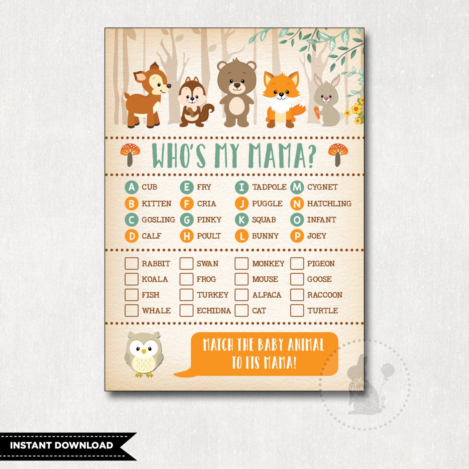 BABY SHOWER GAME. Woodland Animals. Match Baby Animals Game. | Etsy