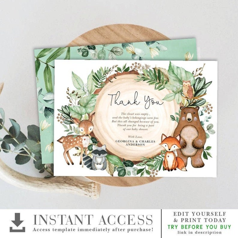 Woodland Thank You Card. Greenery Forest Animals EDITABLE TEMPLATE ...