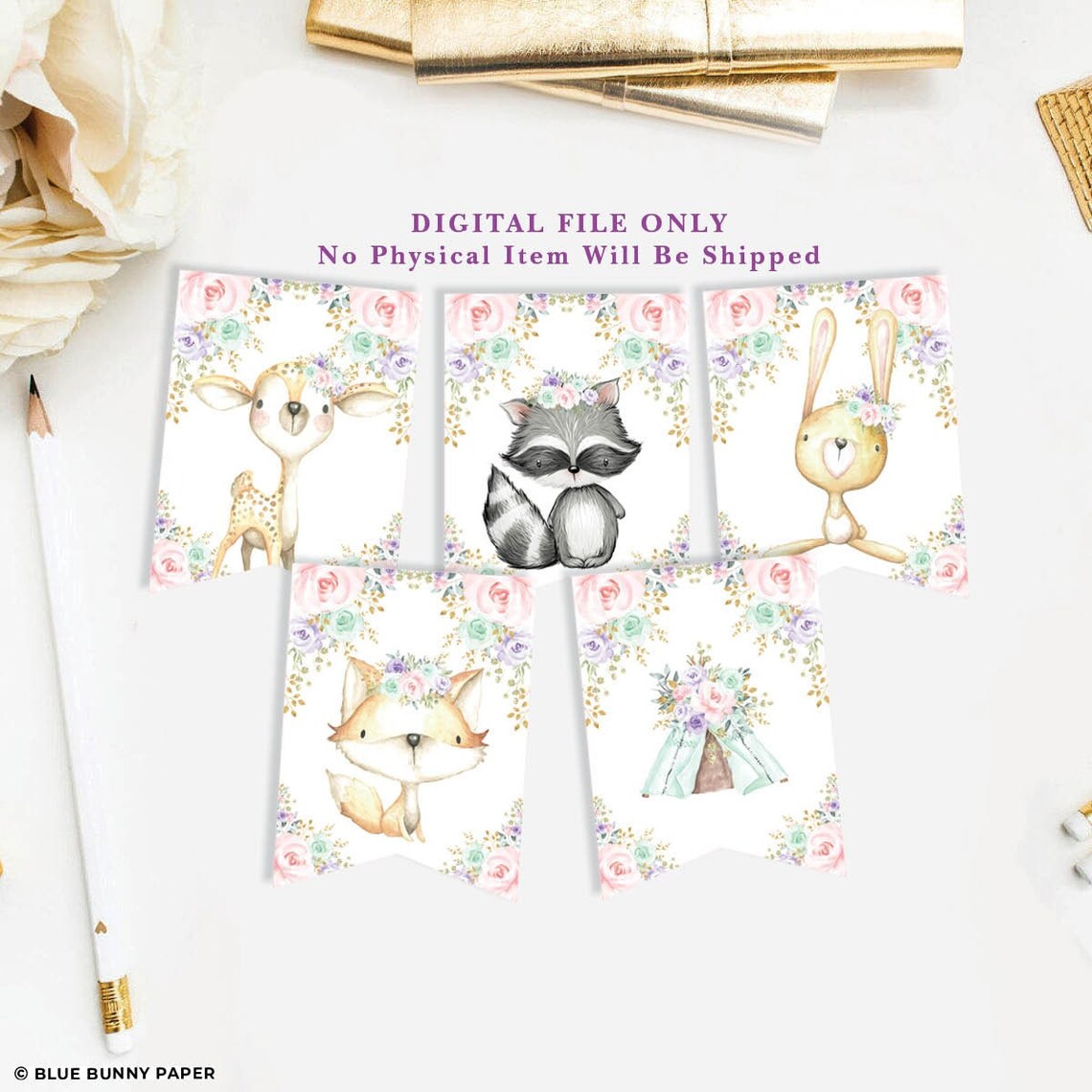 Boho Woodland Animals Printable Banner, Pink Purple Floral Teepee Wild ...