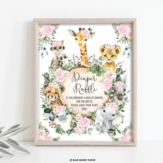 Girl Jungle Diaper Raffle Sign, Safari Animals Baby Shower Printable ...