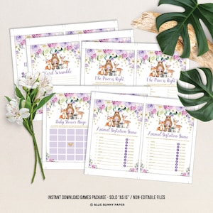 Woodland Baby Shower GAMES BUNDLE. 8x Purple Floral Forest Printable ...