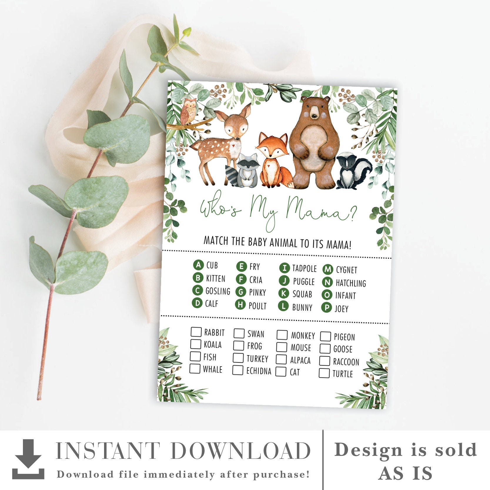 Guess My Mama. Who's My Mommy Baby Shower Game. Greenery Woodland ...