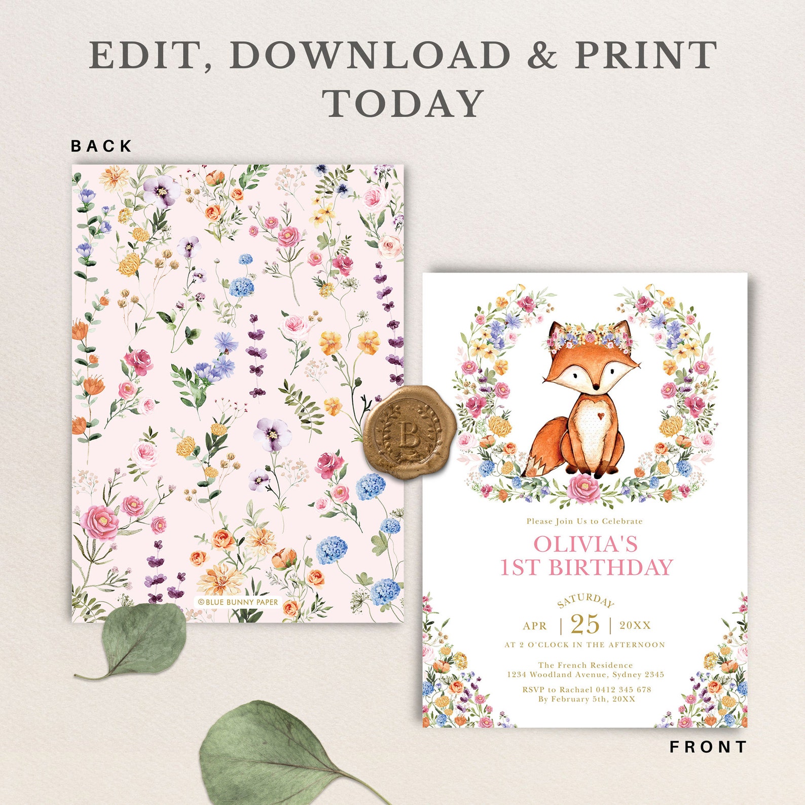 Colorful Wildflower Fox Birthday Invitation Garden Flowers Woodland ...