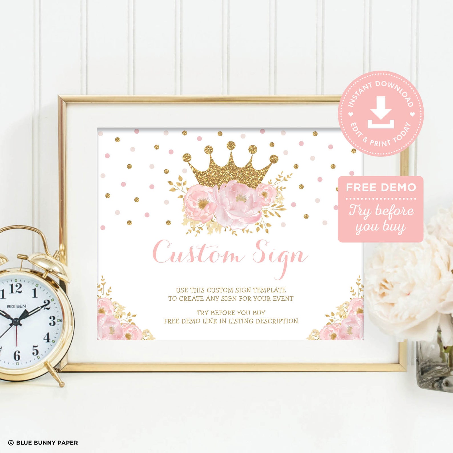 EDITABLE Princess Party Sign Template Blush Gold Floral Baby - Etsy