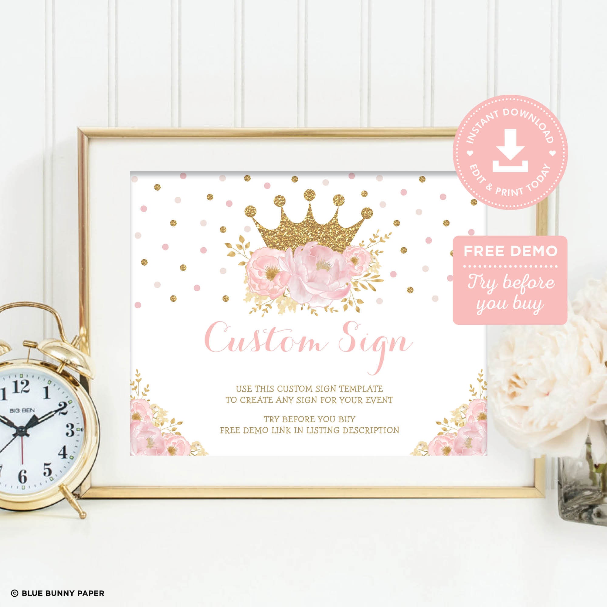 EDITABLE Princess Party Sign Template Blush Gold Floral Baby - Etsy