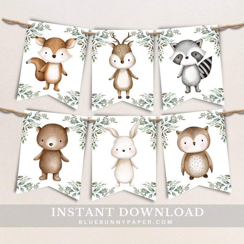Cute Woodland Animals Printable Banner Greenery Forest 1st - Etsy