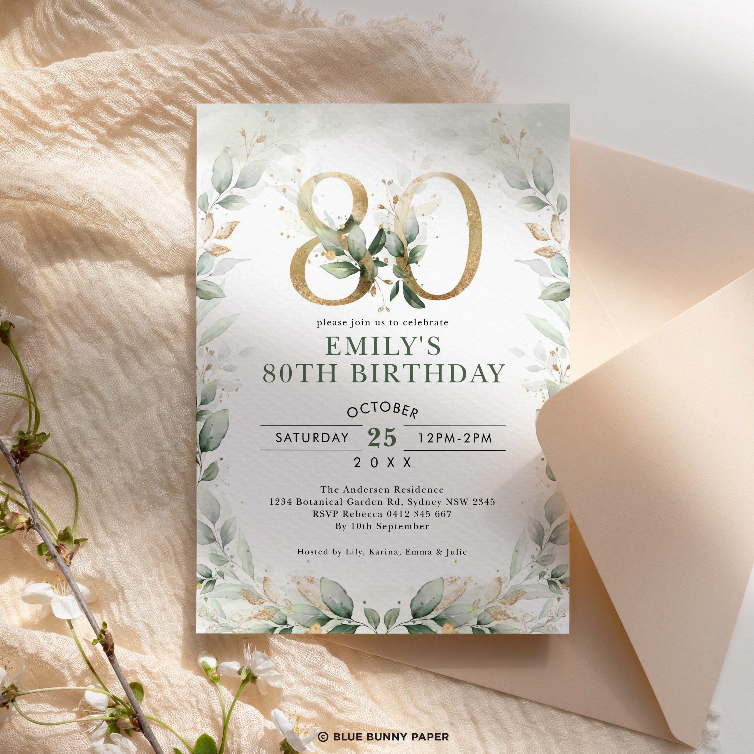 Greenery Gold 80th Birthday Invitation, Botanical Garden Party Invite ...