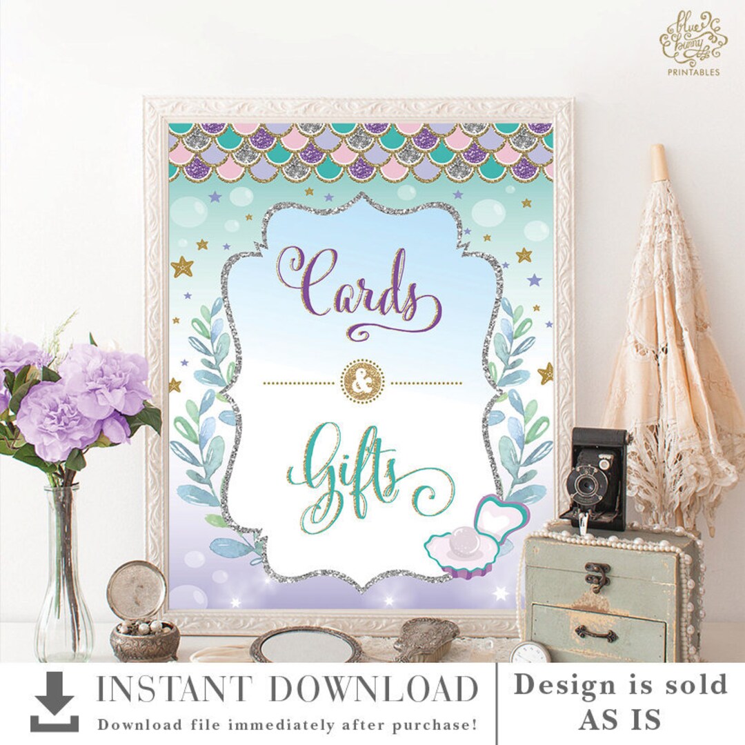 Mermaid GIFTS and CARDS Sign. Printable Purple Gold Silver Bridal ...