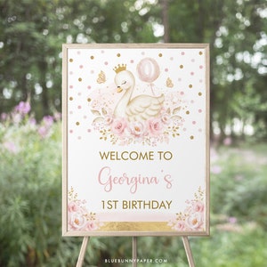 Swan Princess Birthday Welcome Sign Editable Template Pink Gold Balloon ...