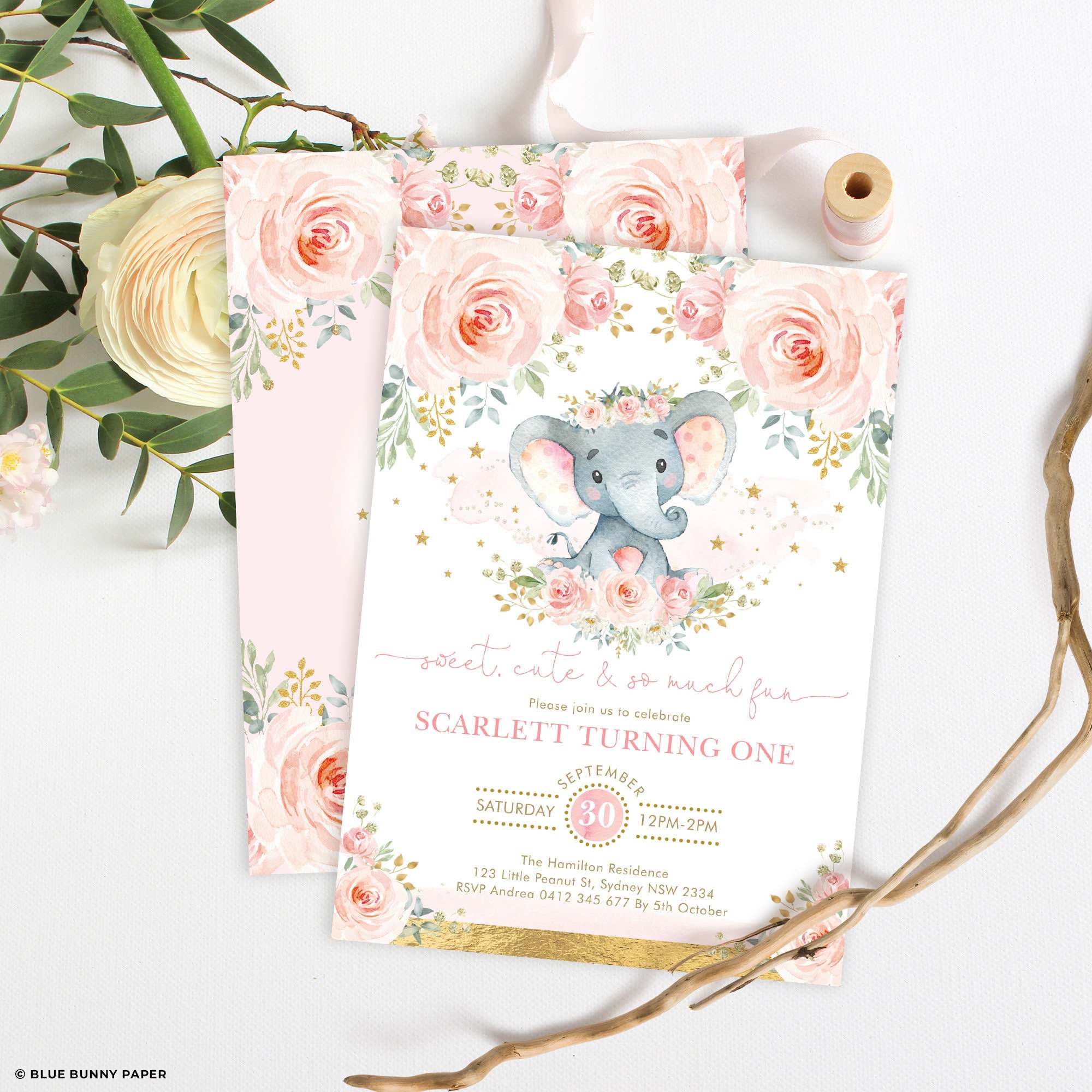 Cute Elephant Birthday Invitation, Pink Gold Blush Floral Elephant 1st ...