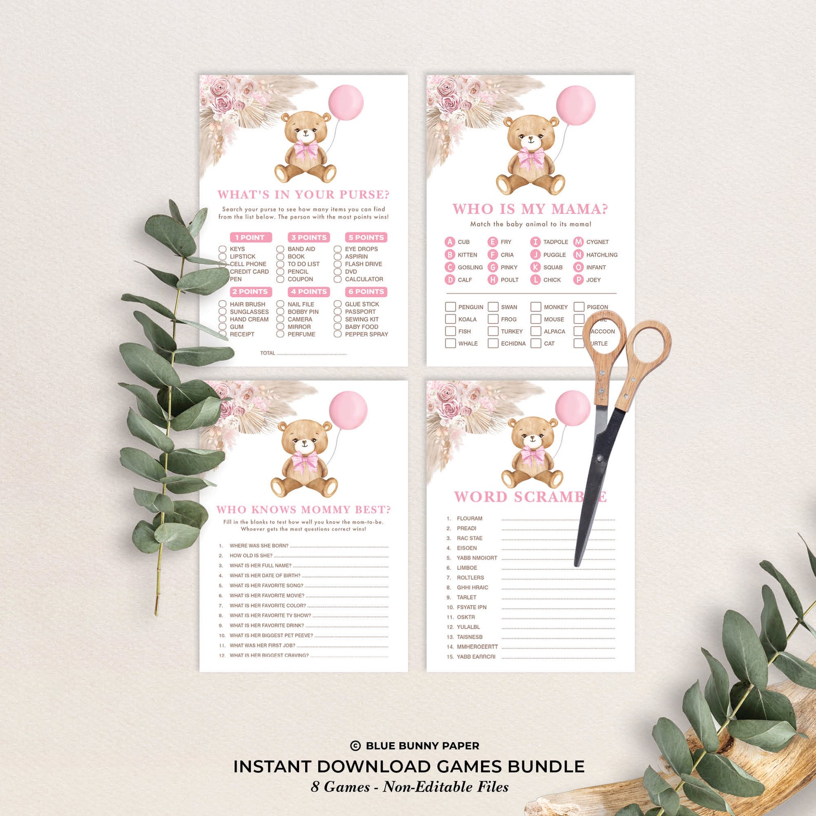 Girl Teddy Bear Baby Shower Games Bundle Dusty Pink Boho Bear Printable ...