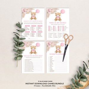 Girl Teddy Bear Baby Shower Games Bundle Dusty Pink Boho Bear Printable Games Package We Can ...
