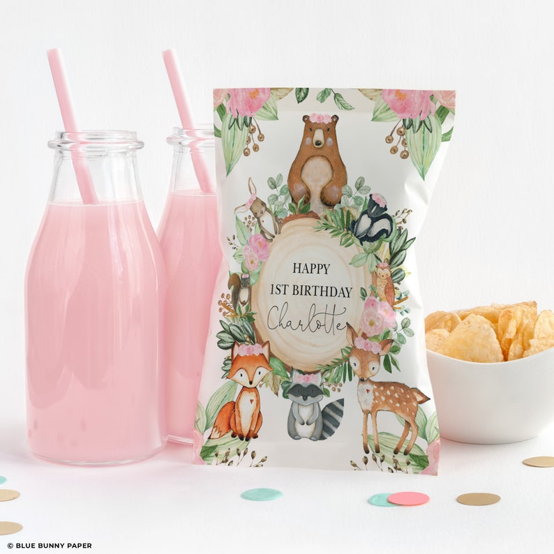 Editable Girl Woodland Chip Bag Forest Animals Birthday Party - Etsy