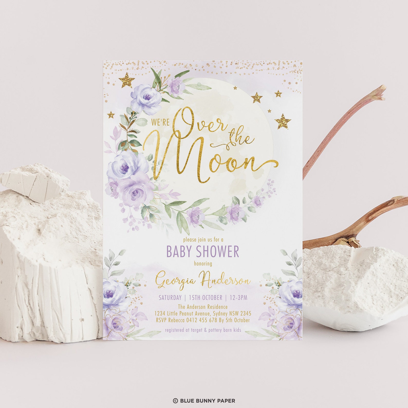 Purple Moon Baby Shower Invitation Lavender Gold Over the - Etsy
