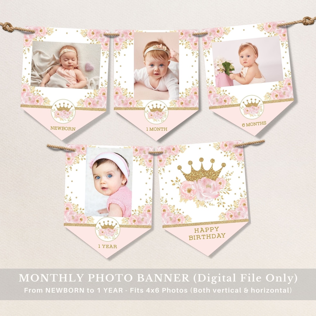 Crown Princess Monthly Photo Banner, Blush Gold Floral Royal 1st ...
