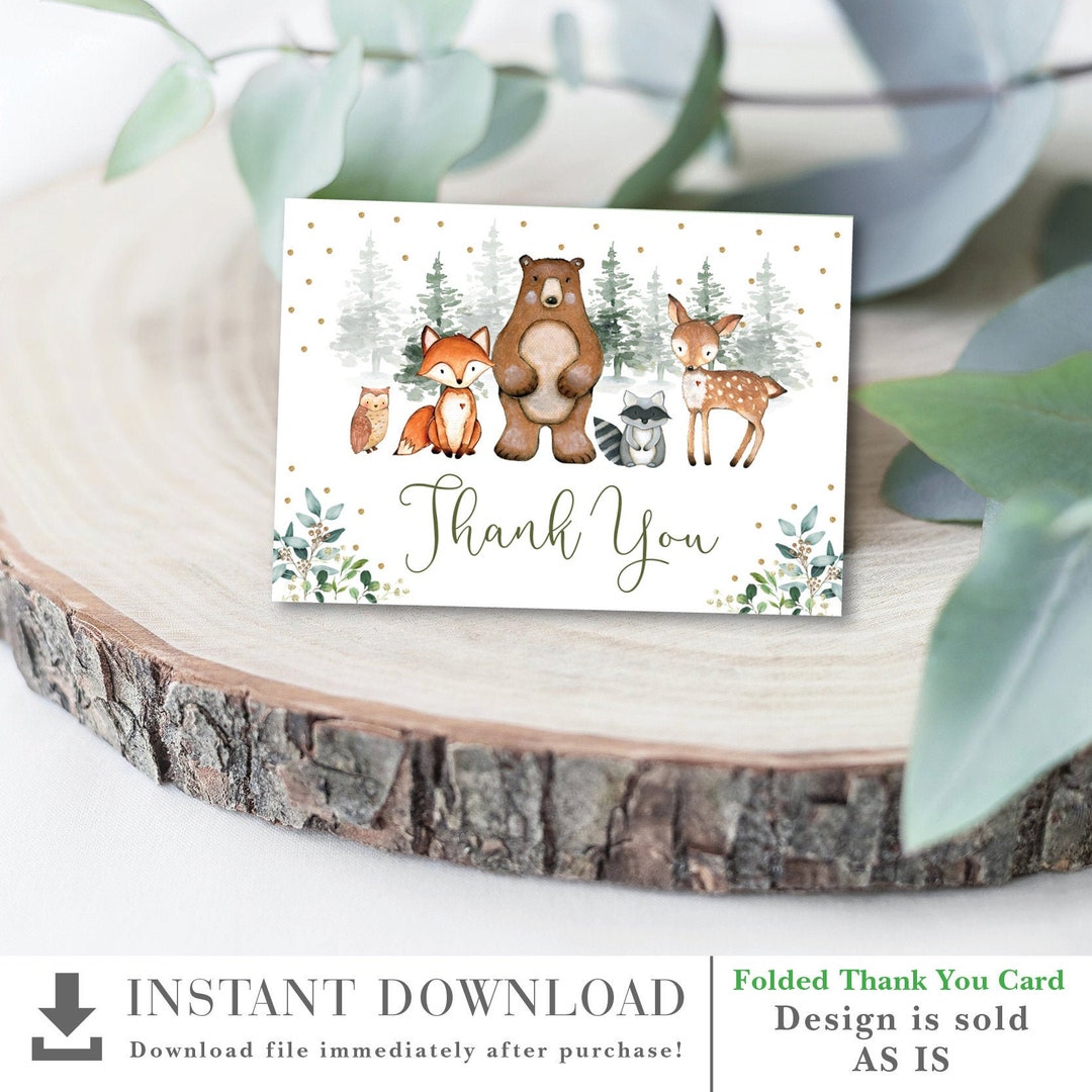 Greenery Woodland Thank You Card. Forest Animals Baby Shower Printable ...