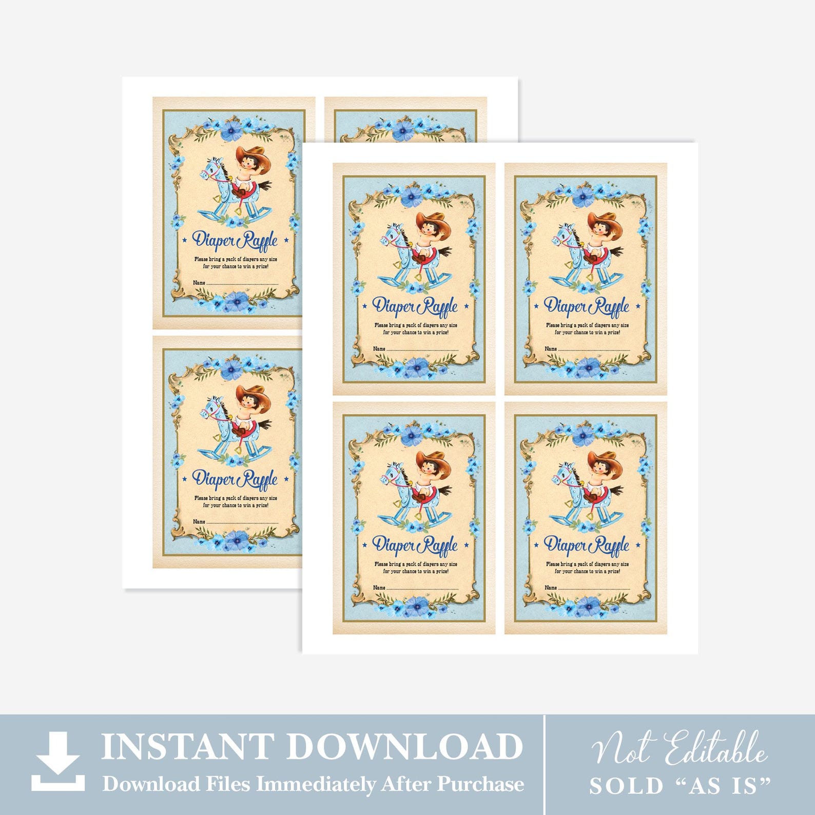 Vintage Cowboy Diaper Raffle Printable, Retro Blue Rocking Horse Baby ...