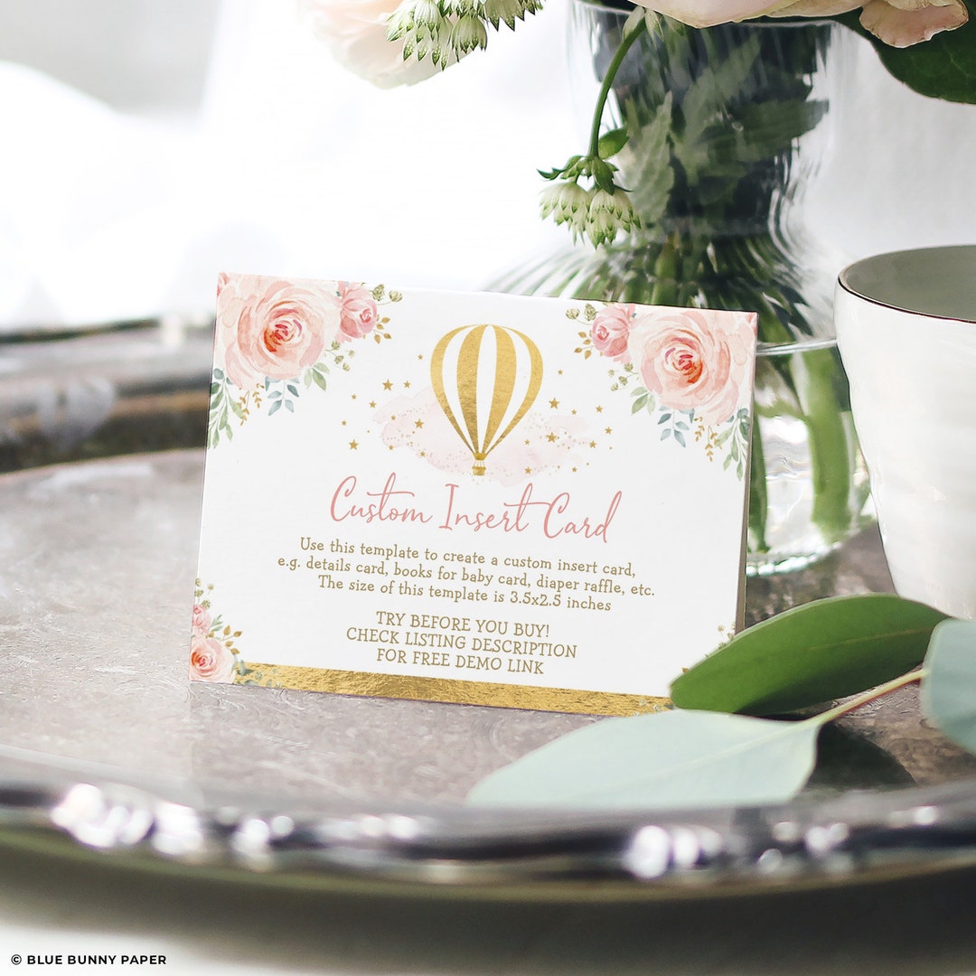 EDITABLE Hot Air Balloon Insert Card Template, Blush Pink Gold Floral ...