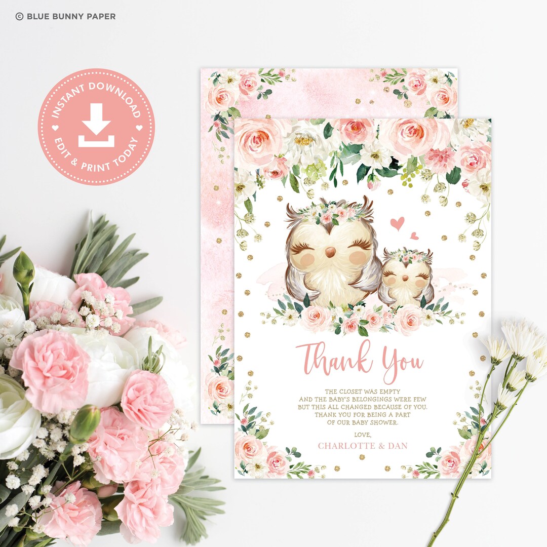 EDITABLE Owl Thank You Card. Blush Pink Floral Owl Baby Shower ...
