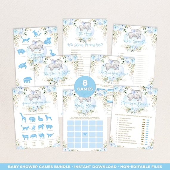 Sleeping Elephant Baby Shower Games Bundle, Blue Gold Floral Jungle ...