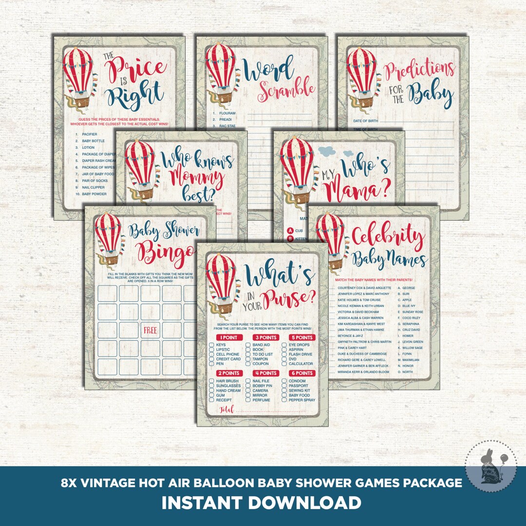 Vintage Hot Air Balloon GAMES PACKAGE. 8 Baby Shower Printable Games ...
