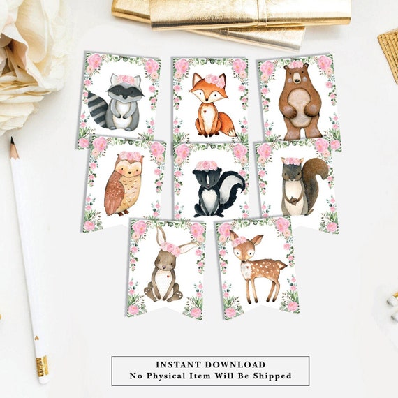 Girl Woodland Animals Printable Banner, Pink Floral Forest 1st Birthday ...
