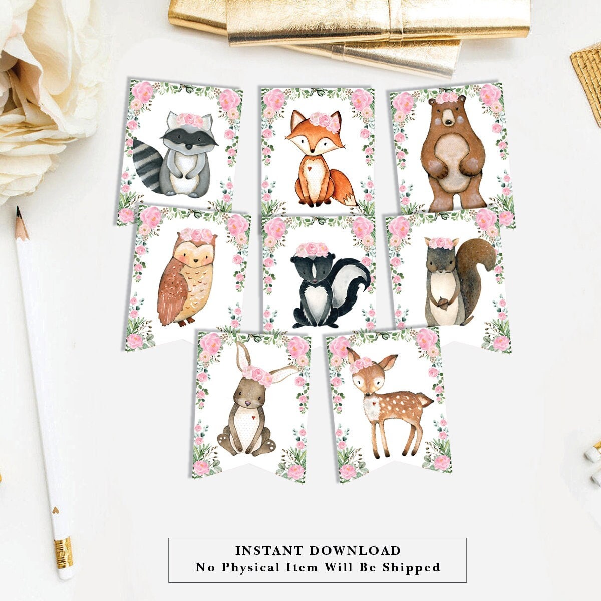 Girl Woodland Animals Printable Banner, Pink Floral Forest 1st Birthday ...