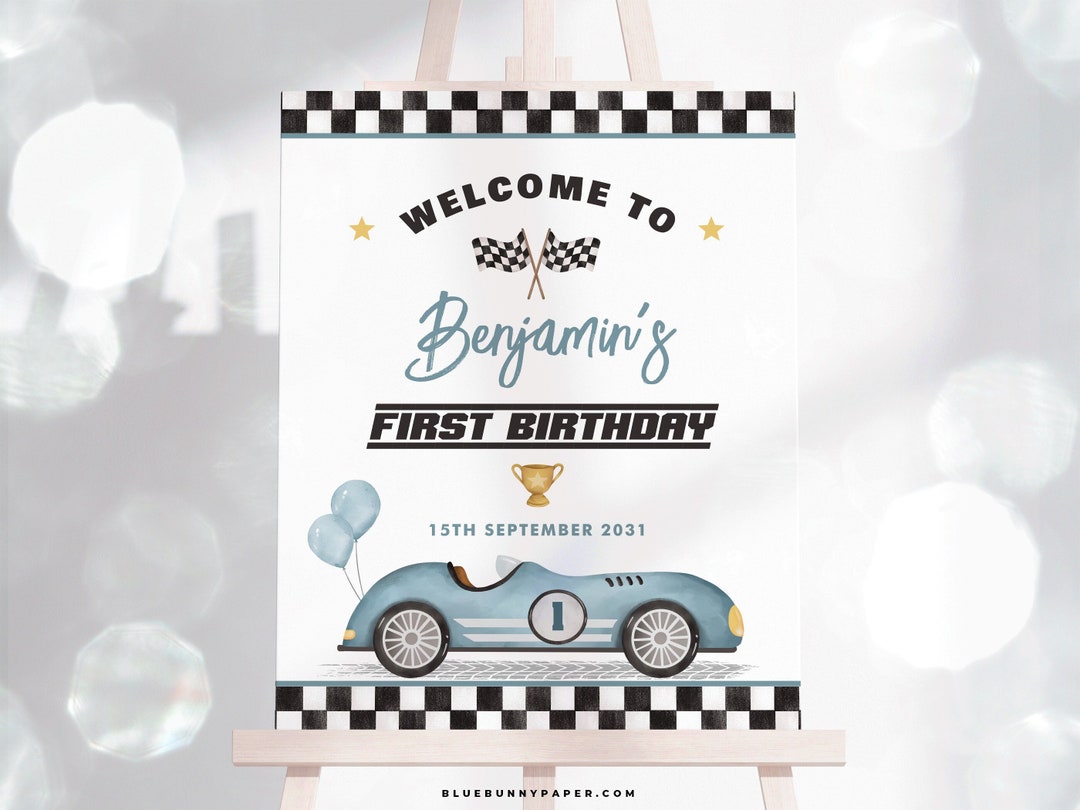 Editable Fast One Birthday Welcome Sign, Blue Vintage Racing Car 1st ...