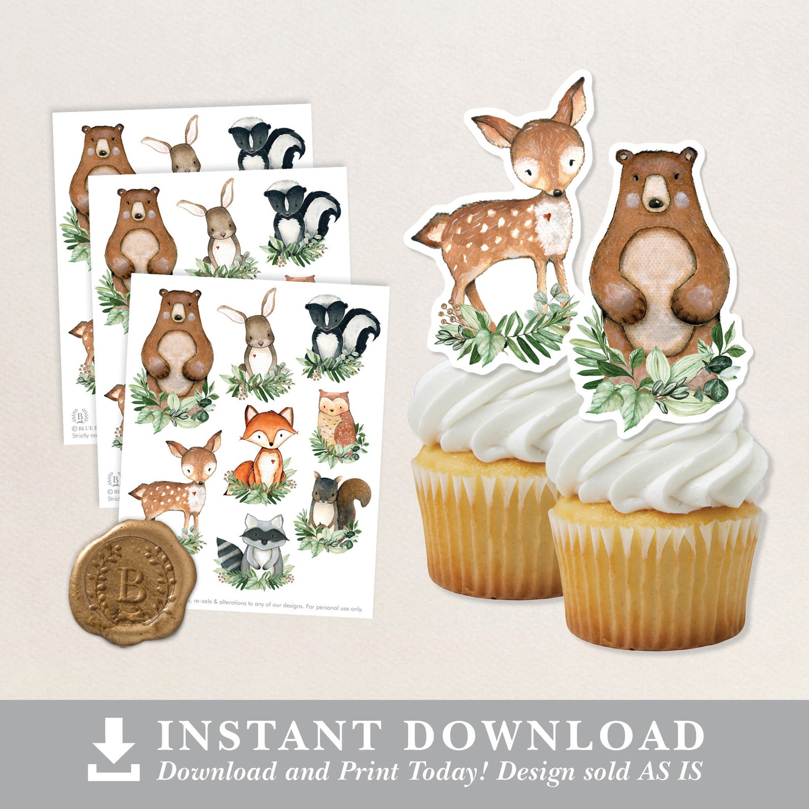 Greenery Woodland Cake Toppers, Rustic Forest Animals Baby Shower ...