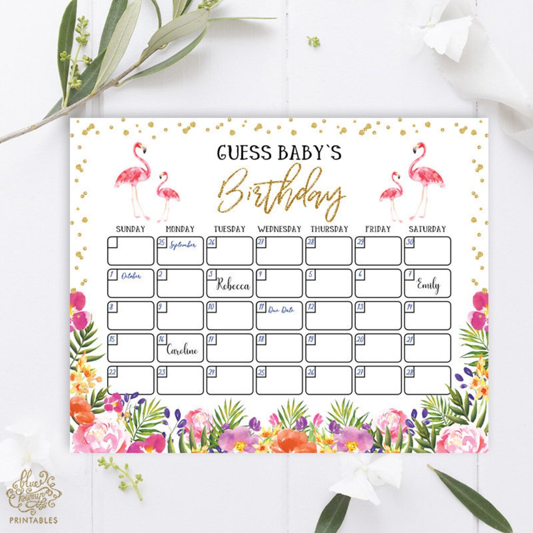 Flamingo Baby Due Date Calendar. Tropical Floral Guess Baby's Birthday ...